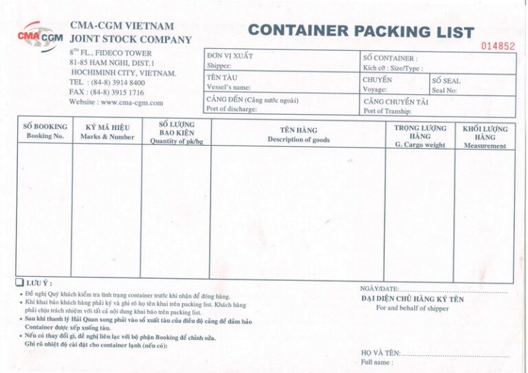 Container Packing list của hảng tàu 2022 | tthqsaigon.net