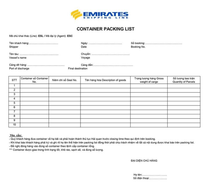 Container Packing list của hảng tàu 2022 | tthqsaigon.net
