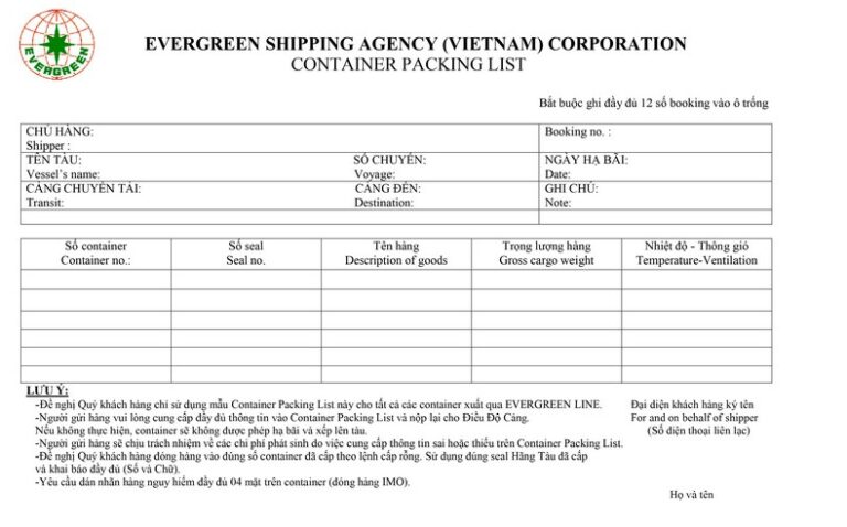 Container Packing list của hảng tàu 2022 | tthqsaigon.net