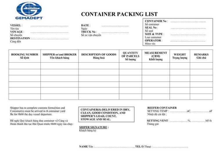 Container Packing list của hảng tàu 2022 | tthqsaigon.net