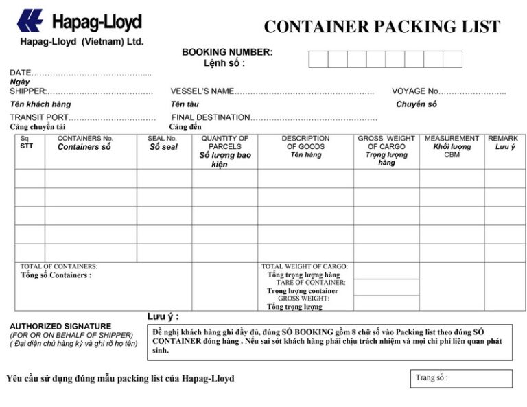 Container Packing list của hảng tàu 2022 | tthqsaigon.net