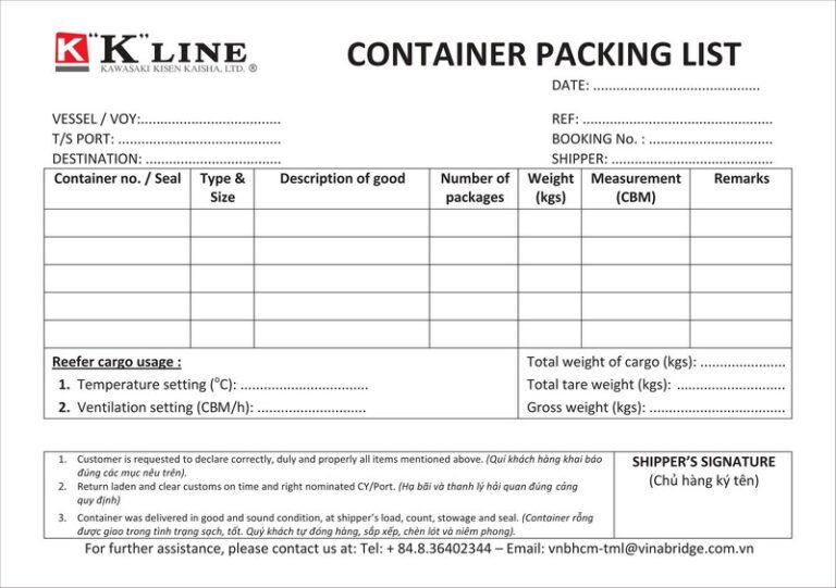 Container Packing list của hảng tàu 2022 | tthqsaigon.net