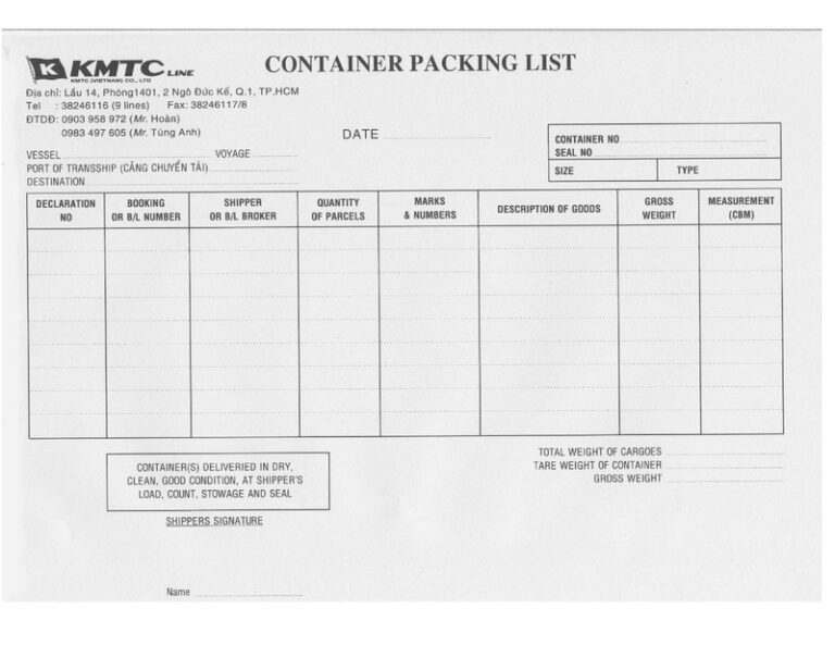 Container Packing list của hảng tàu 2022 | tthqsaigon.net