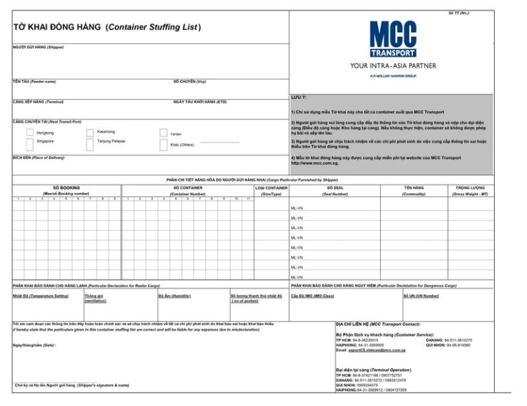 Container Packing list của hảng tàu 2022 | tthqsaigon.net