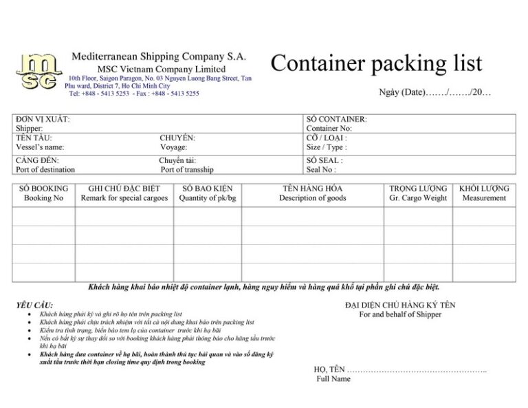 Container packing list là gì?Tổng hợp 28 giấy hạ container của hãng tàu