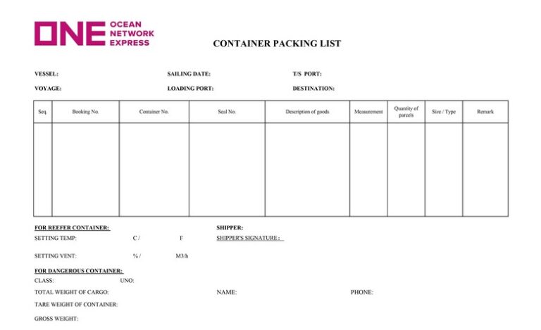 Container Packing list của hảng tàu 2022 | tthqsaigon.net