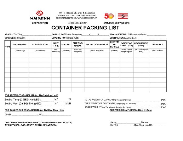 Container packing list là gì?Tổng hợp 28 giấy hạ container của hãng tàu
