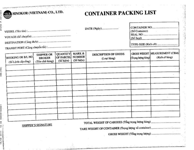 Container Packing list của hảng tàu 2022 | tthqsaigon.net