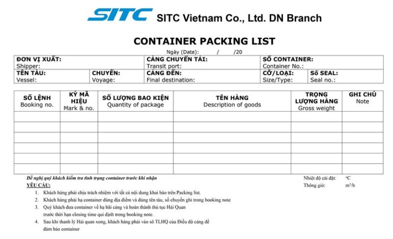 Container Packing list của hảng tàu 2022 | tthqsaigon.net