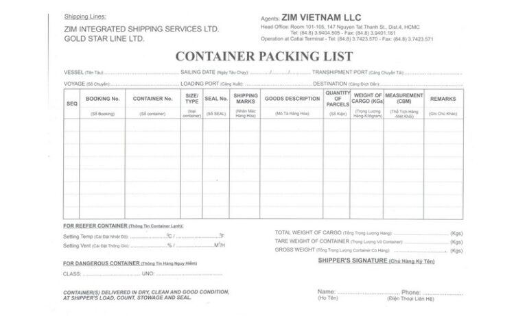 Container Packing list của hảng tàu 2022 | tthqsaigon.net